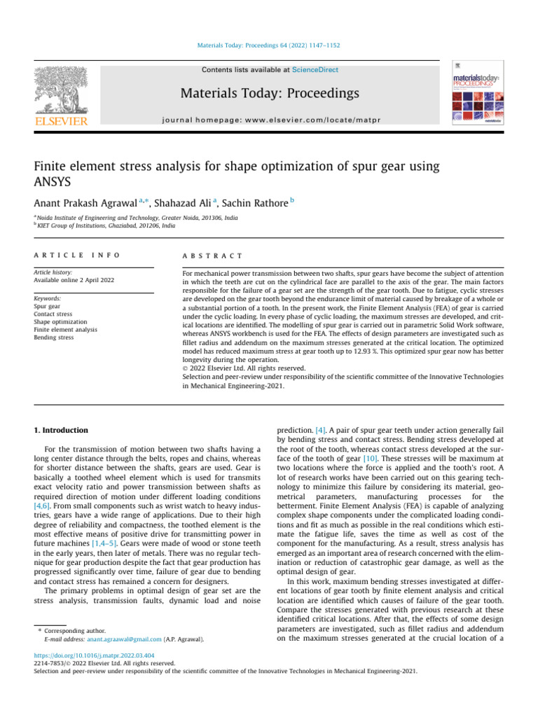 Finite Element Stress Analysis For Shape Optimization of Spur Gear ...
