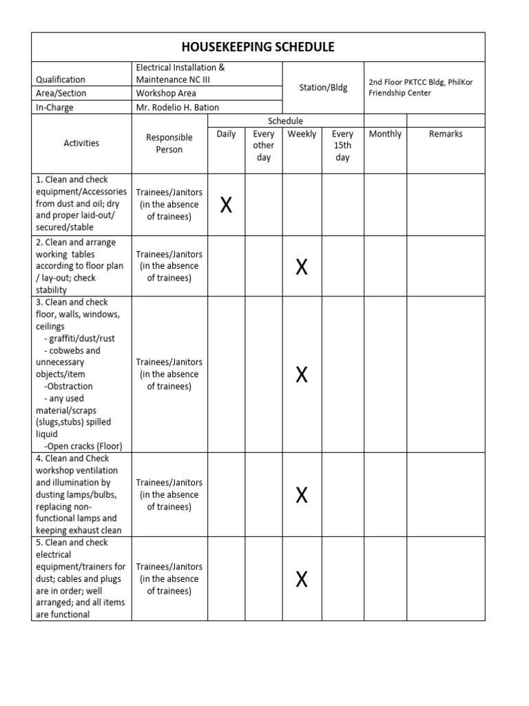 Housekeeping Schedule Eim NC Iii | PDF | Housekeeping