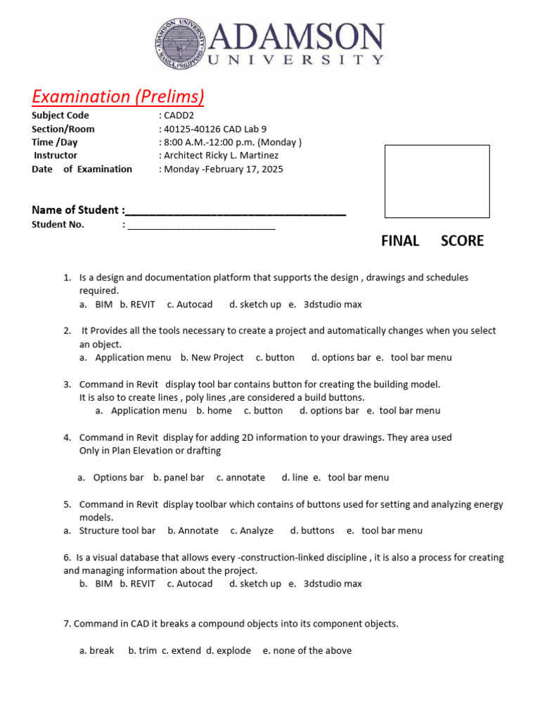 Adamson-prelims CAD Examination 2 | PDF | Autodesk Revit | Computer ...
