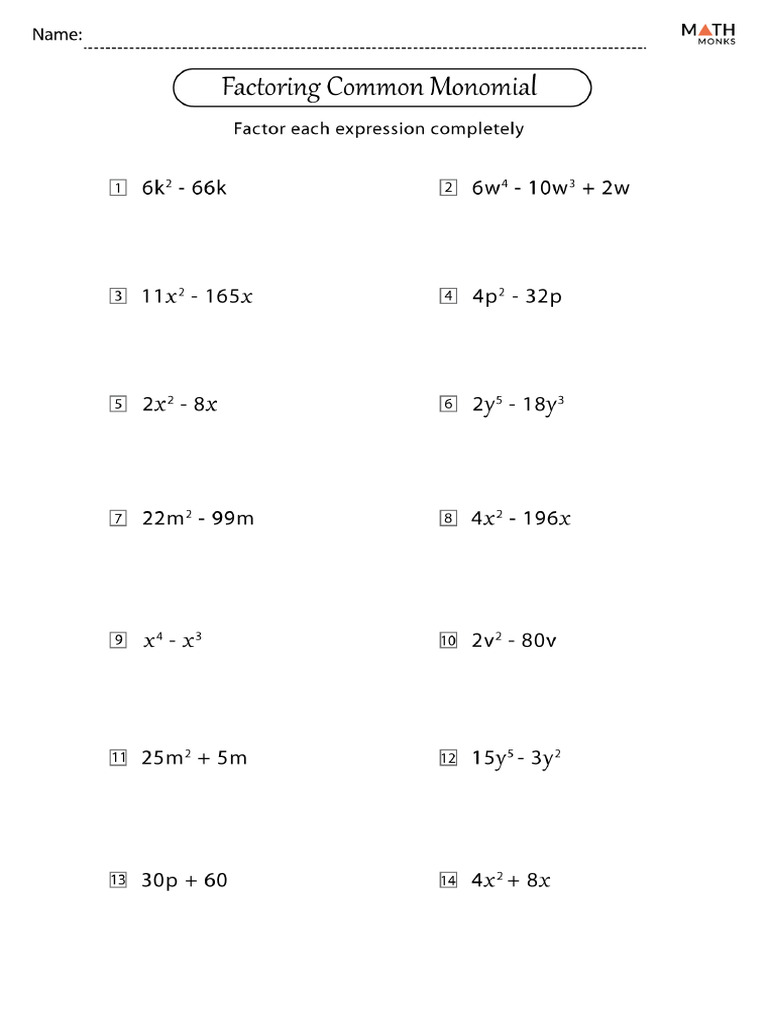 Factoring Polynomials With Common Monomial Factor Worksheet (1) | PDF