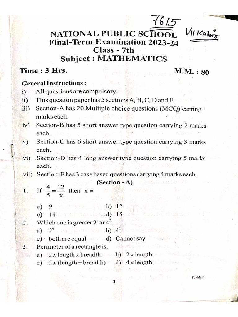 Class Vii Maths Sample Paper 1 | PDF