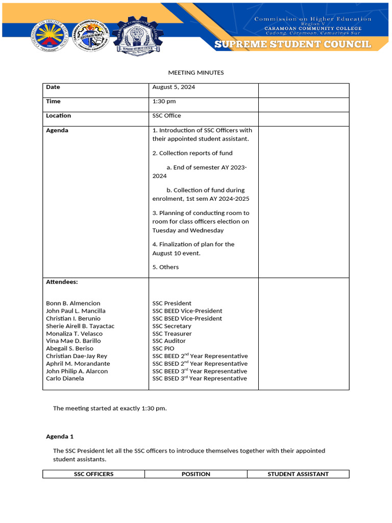SSC Meeting Minutes - August 2024 | PDF