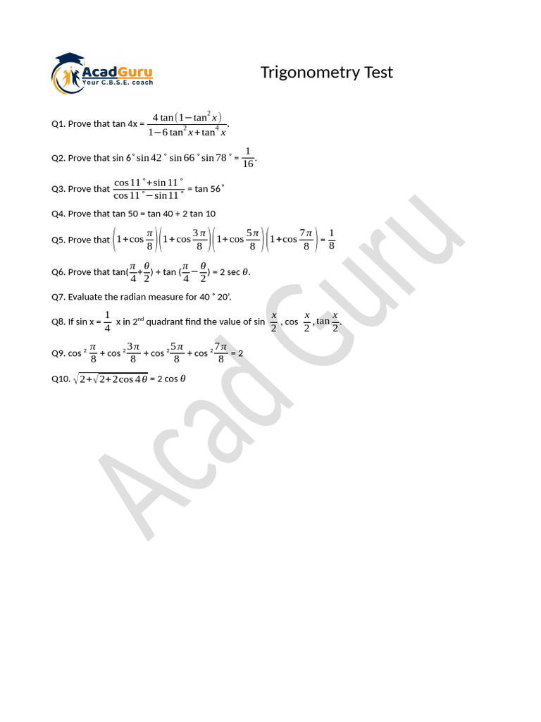 Trigonometry Test | PDF