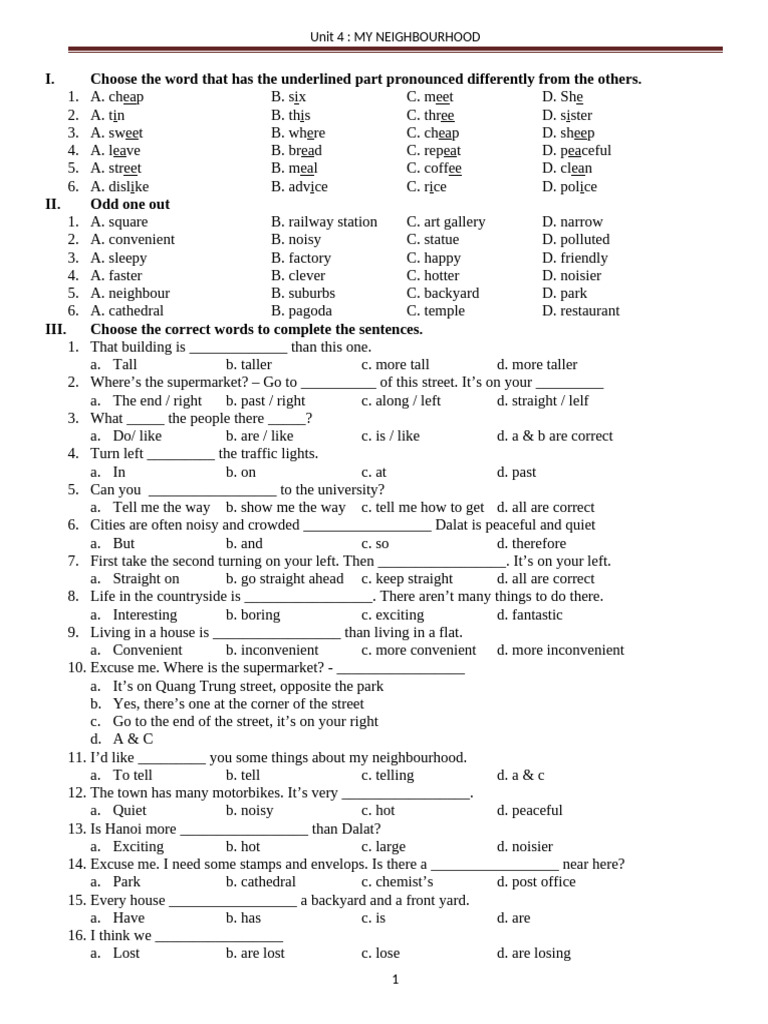 Bai tap lam them Unit 4 My neighbourhood (1) | PDF