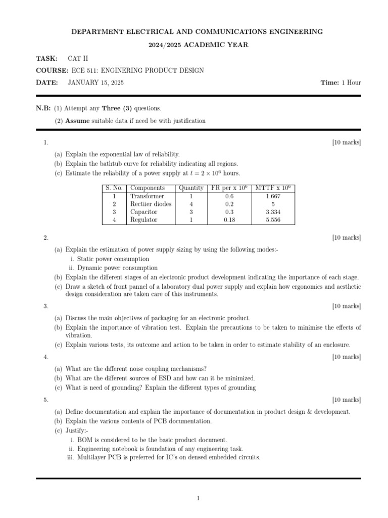 ECE 511 CAT II - Jan 15, 2025 | PDF | Reliability Engineering | Printed Circuit Board