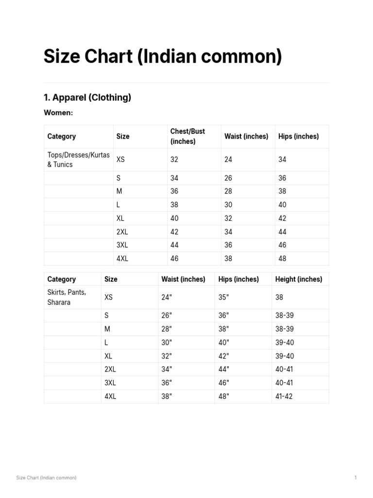 Size Chart (Indian Common) N | PDF | Waist | Human Appearance
