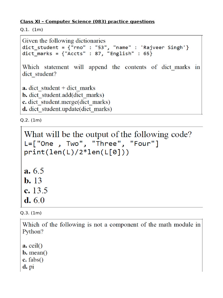 Class 11 - Comp. Sci. - Practice Questions - 2 | PDF | Computer Science | Computing