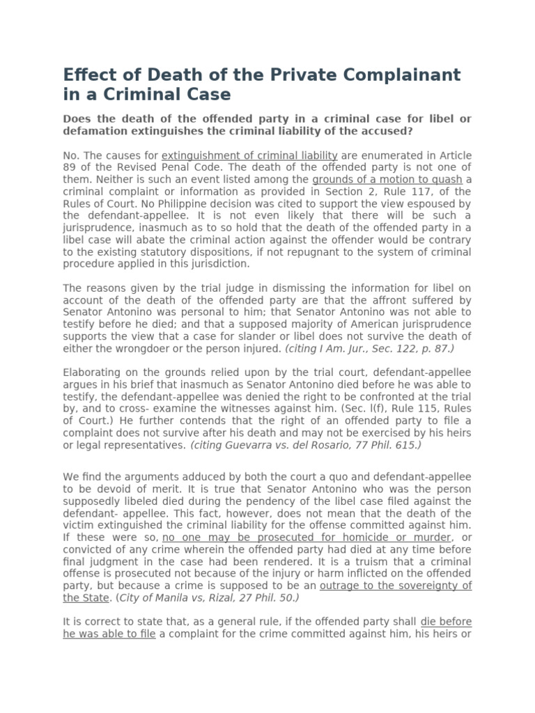 Death of Complainant in Libel Cases | PDF | Defamation | Crimes