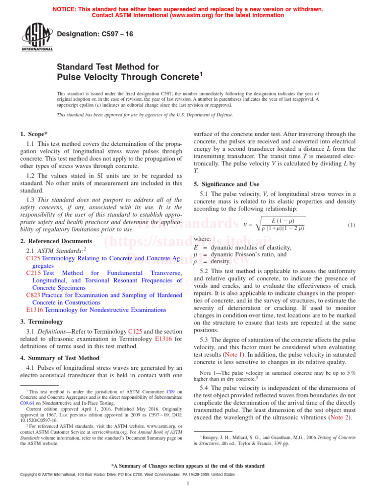 ASTM C 597 - 2016 - Standard Test Method For Pulse Velocity Through ...