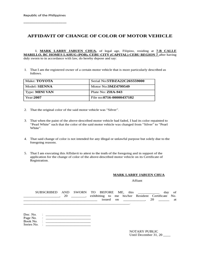 Affidavit of Change of Color of Motor Vehicle | PDF