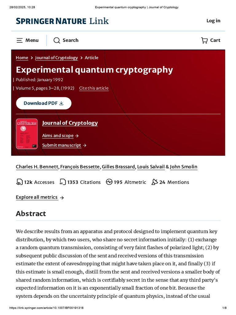 Experimental Quantum Cryptography - Journal of Cryptology | PDF | Cryptography | Security