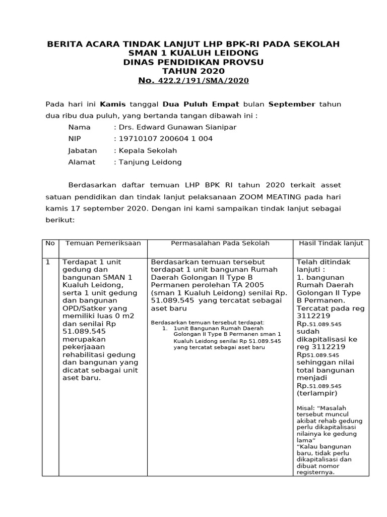 BERITA ACARA TINDAK LANJUT LHP BPK Perbaikan | PDF