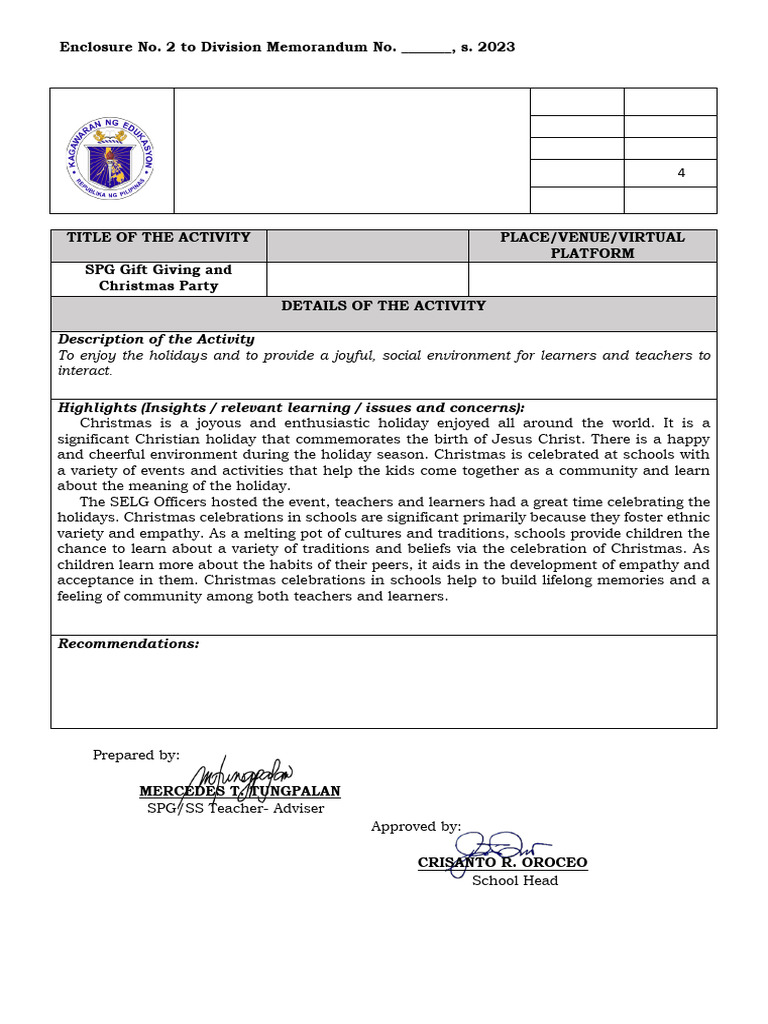 Activity Report-DECEMBER_2023 | PDF | Christmas Activity Report-DECEMBER_2023 | PDF | Christmas