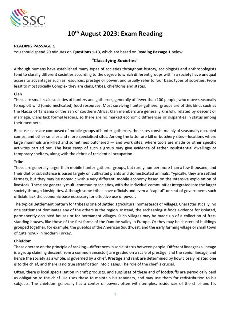 Exam Reading (Passage 1) - 1 | PDF | Society | Hunter Gatherer