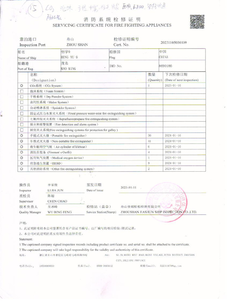 Servicing Certificate For Fire Fighting Appliances | PDF