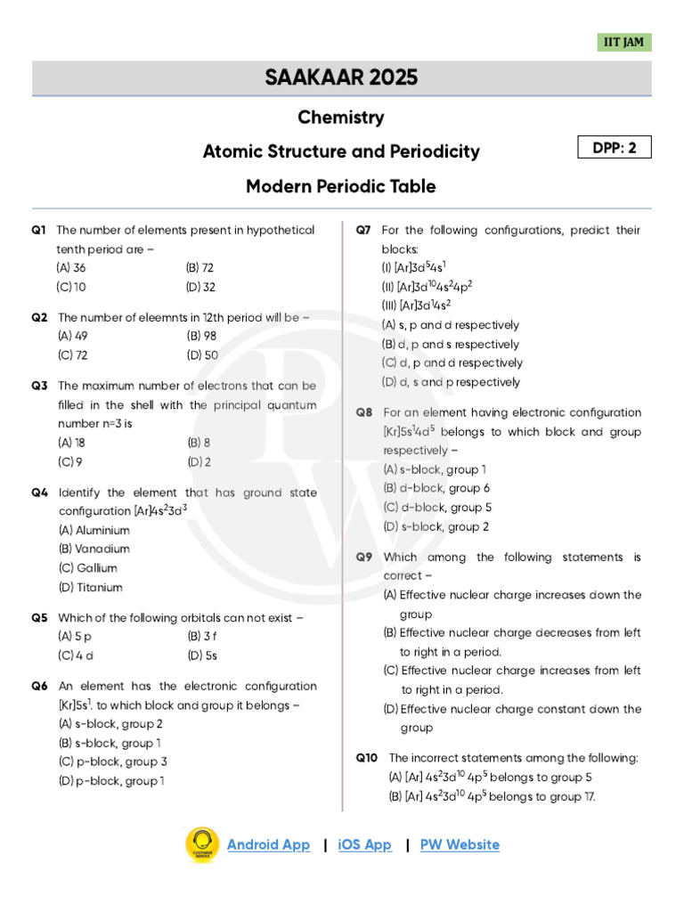 65dbfe074de4f10018788be0_##_Atomic_Structure_&_Periodicity_DPP_02 | PDF | Periodic Table ...