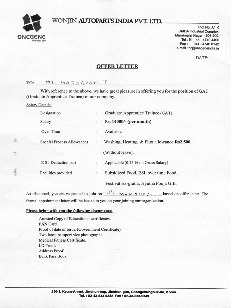 Wonjin Autoparts India PVT LTD - 07 Students Offer Letter (1) (3) - 3-4 ...