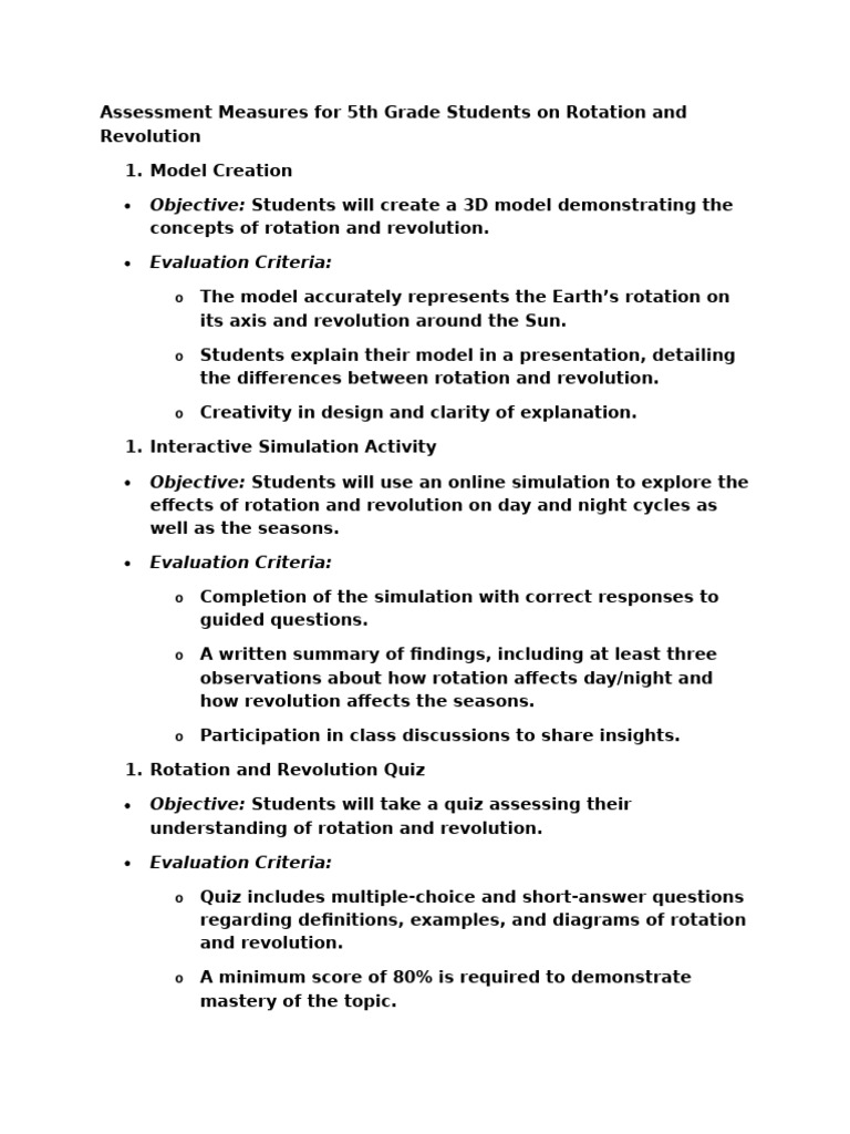 5th Grade Rotation and Revolution Assessment | PDF