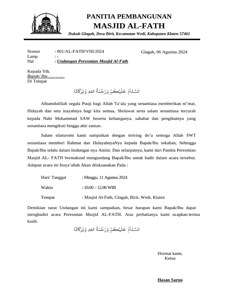 Surat Undangan Peresmian Masjid | PDF