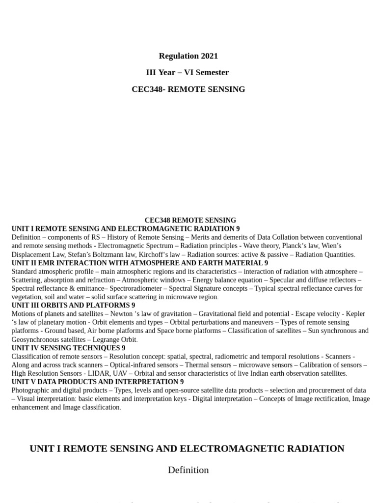 Remote Sensing - UNIT I | PDF | Infrared | Electromagnetic Radiation