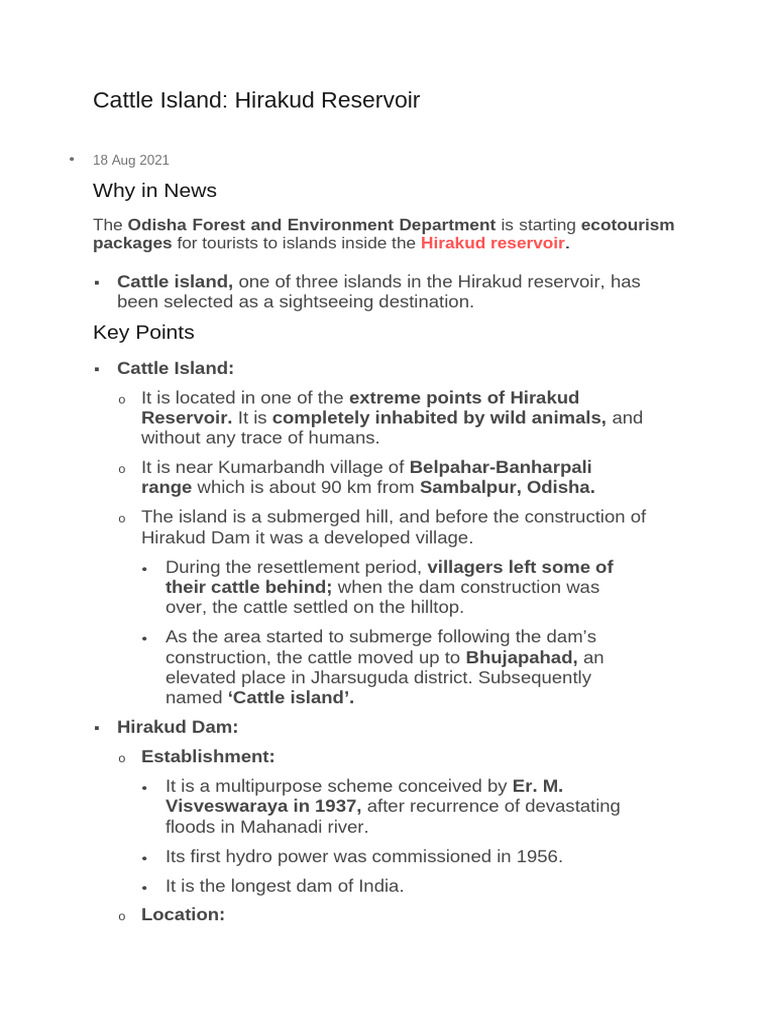 Cattle Island,Hirakud reservoir | PDF | Bodies Of Water | Fresh Water