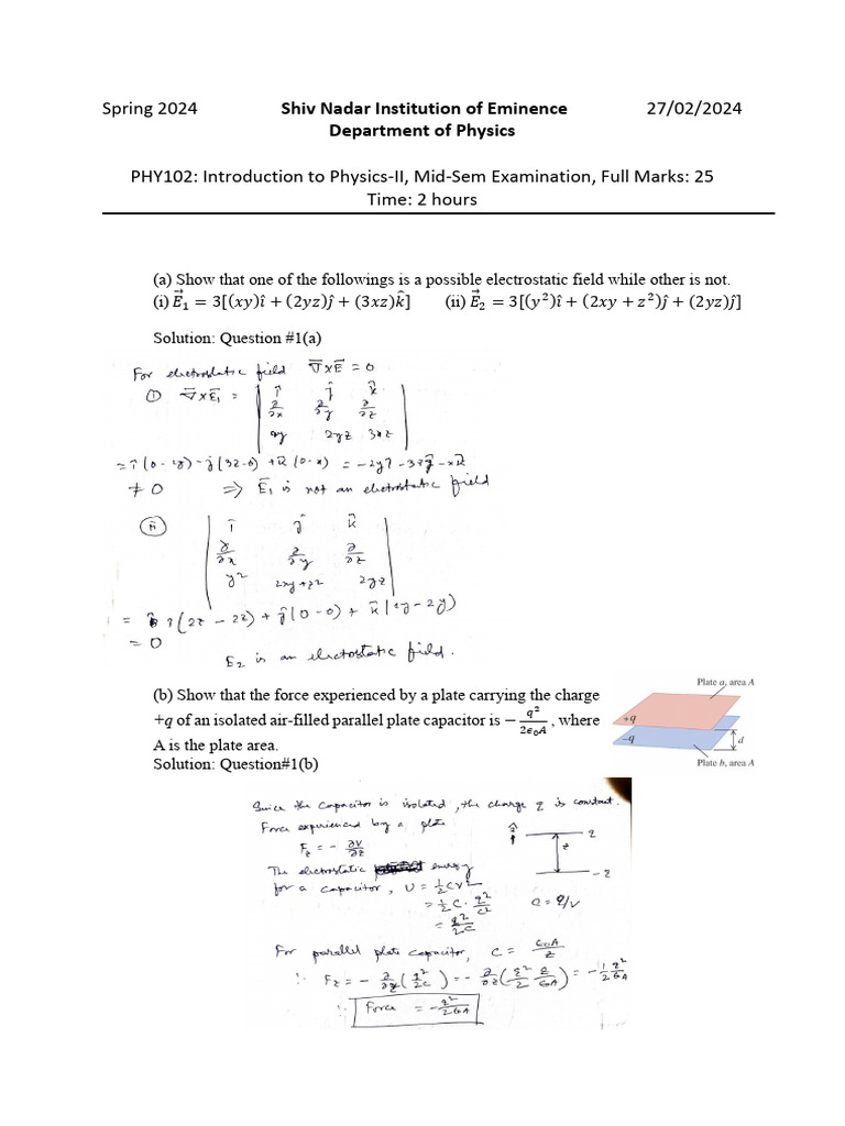 Physics Mid-Sem Exam Solutions 2024 | PDF | Sphere | Electric Field