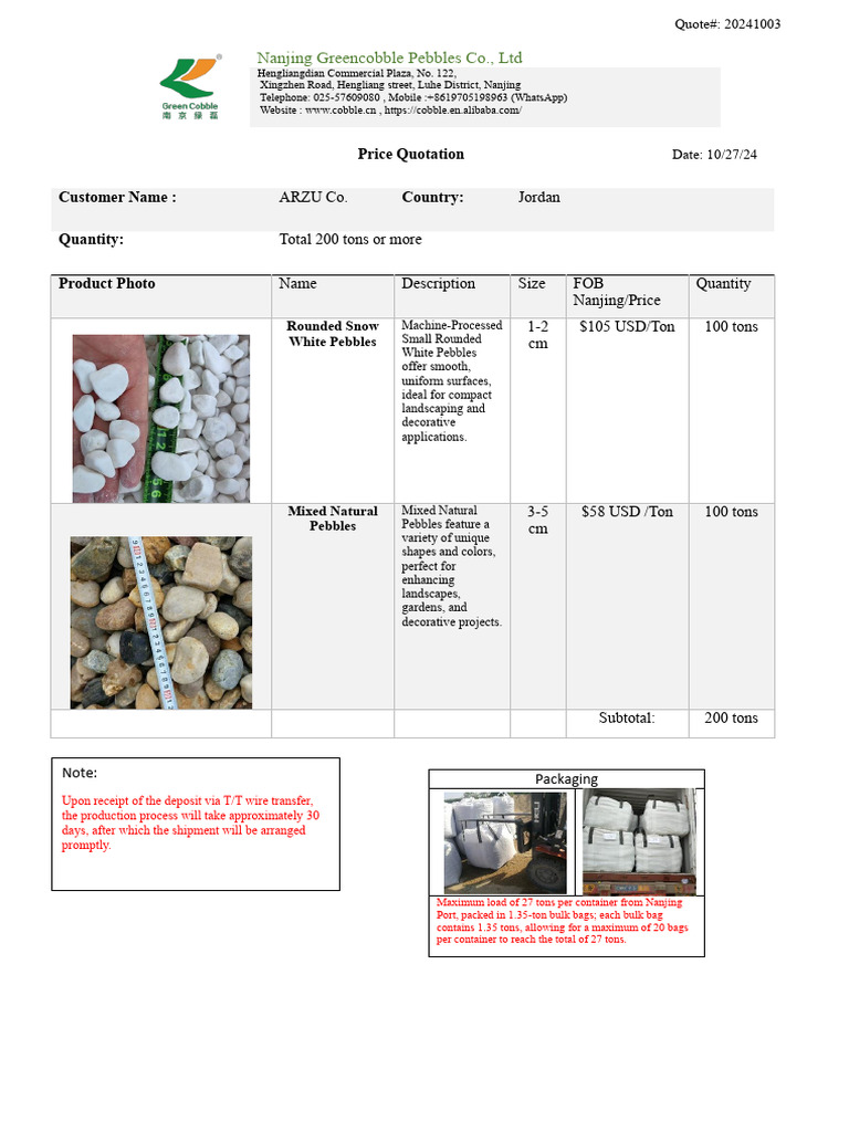 Revised Quotation For MR Samir ARZU Co From Nanjing Greencobble Pebbles Co LTD | PDF