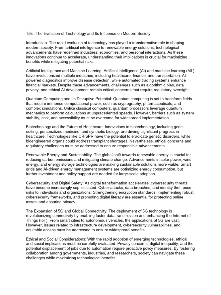 Title - The Evolution of Technology and Its Influence On Modern Society ...