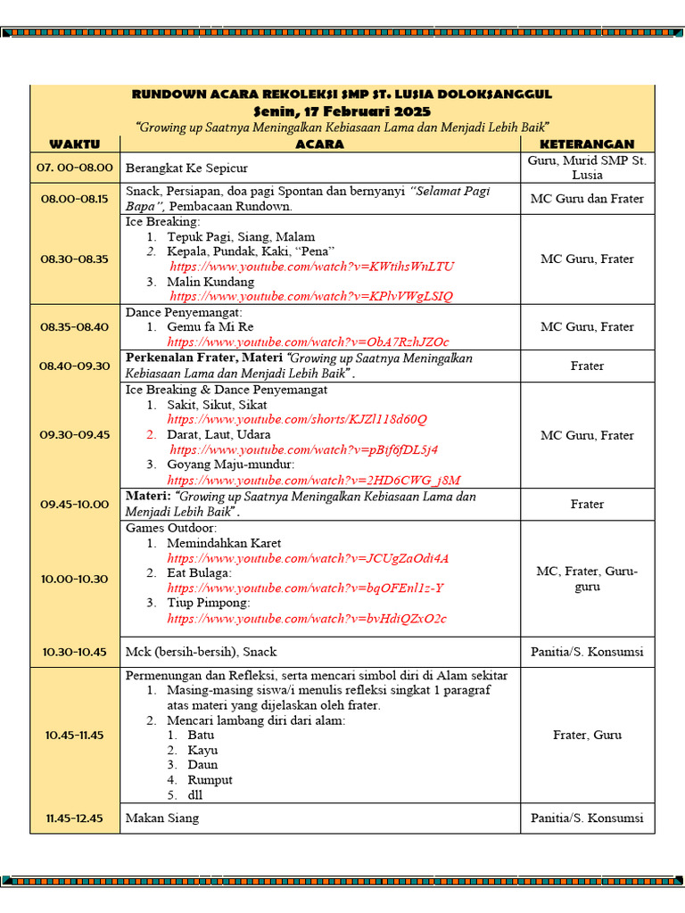 Rundown Rekoleksi SMP St. Lusia 2025 | PDF