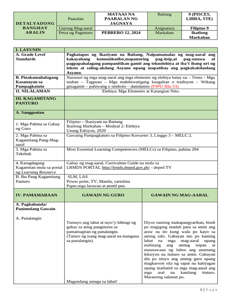 Banghay Aralin Sa Filipino 9 Elehiya | PDF