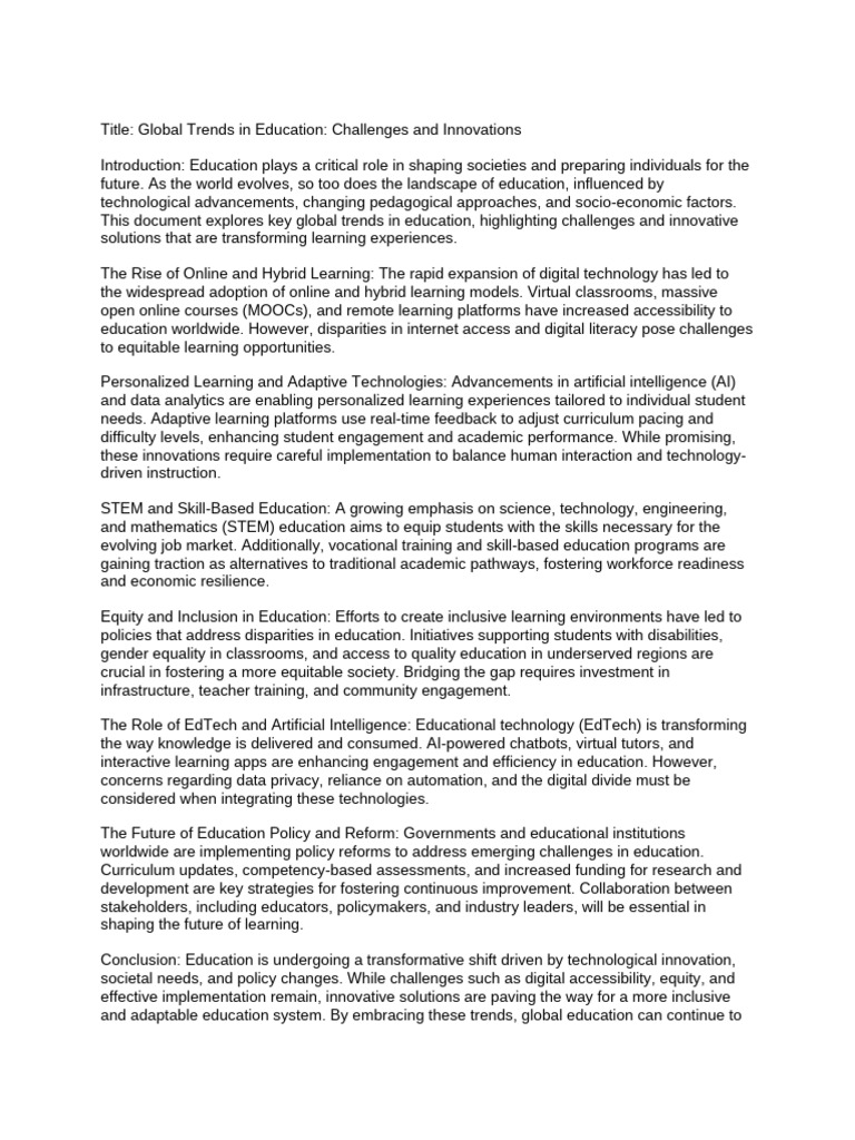 Title - Global Trends in Education - Challenges and Innovations | PDF | Educational Technology ...