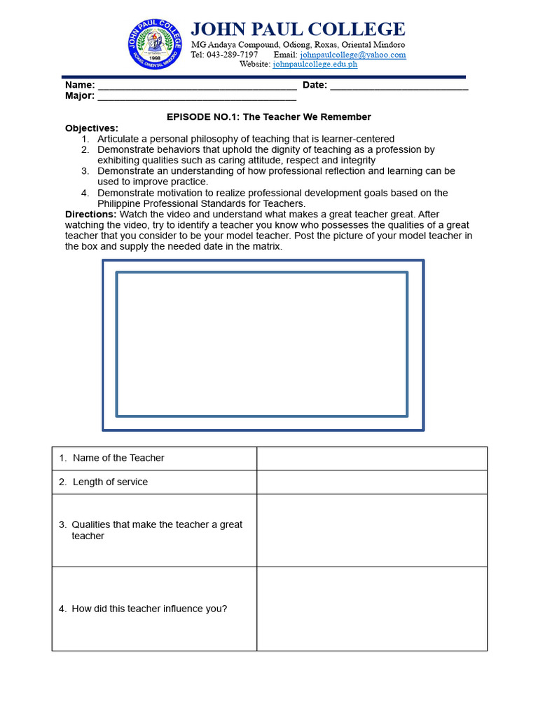 EPISODE NO 1 The Teacher We Remember | PDF | Teachers | Psychological Concepts