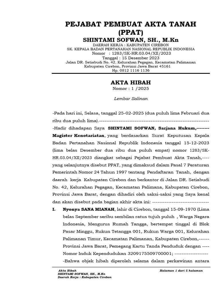 Lembar Salinan AKTA HIBAH PPAT | PDF