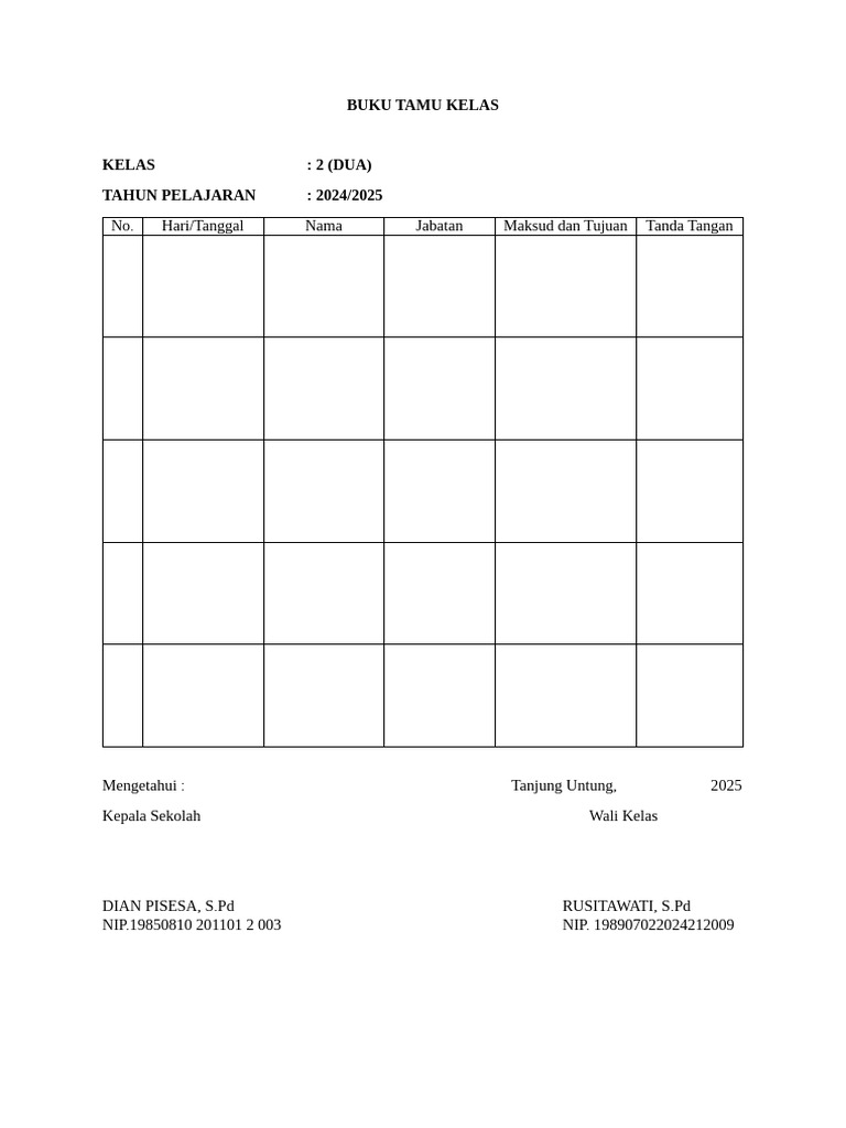 Format Buku Tamu Kelas 2 Tahun 2024/2025 | PDF