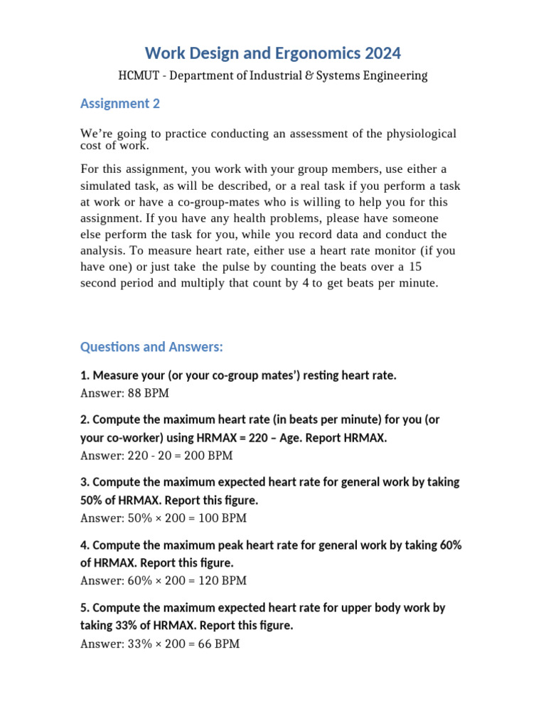Work Design Ergonomics Assignment | PDF | Heart Rate | Cardiovascular Physiology