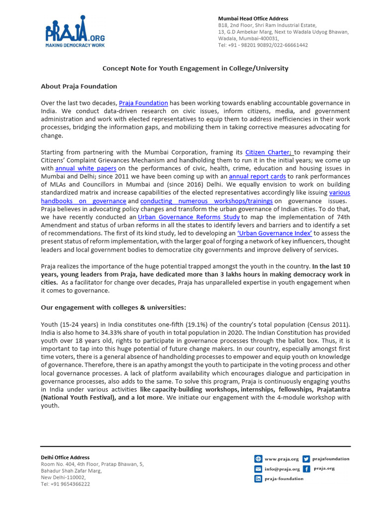 Concept Note-Praja Foundation Youth Participation in College | PDF | Governance | Government
