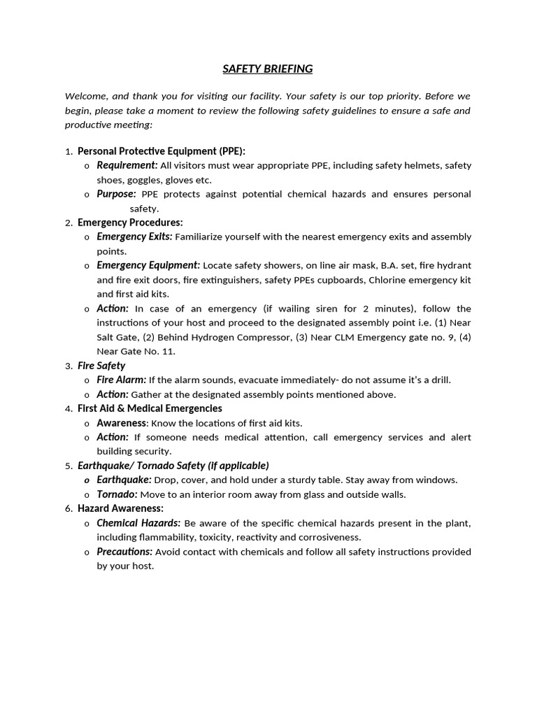SAFETY BRIEFING | PDF | Personal Protective Equipment | Dangerous Goods