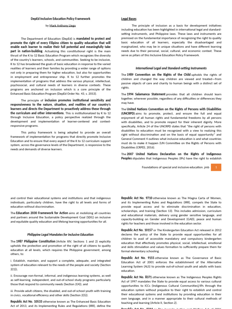 DepEd Inclusive Education Policy Framework | PDF | Inclusion (Education ...