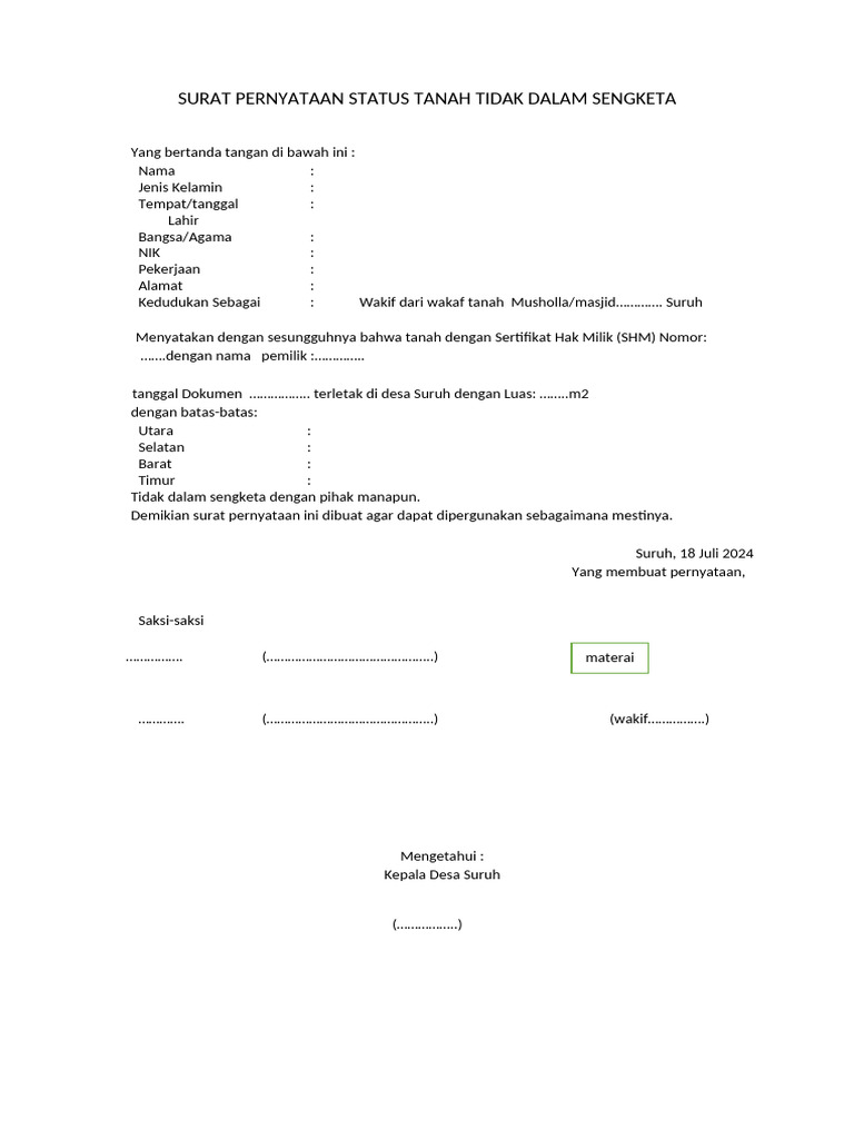 Surat Keterangan Tanah Tidak Dalam Sengketa | PDF