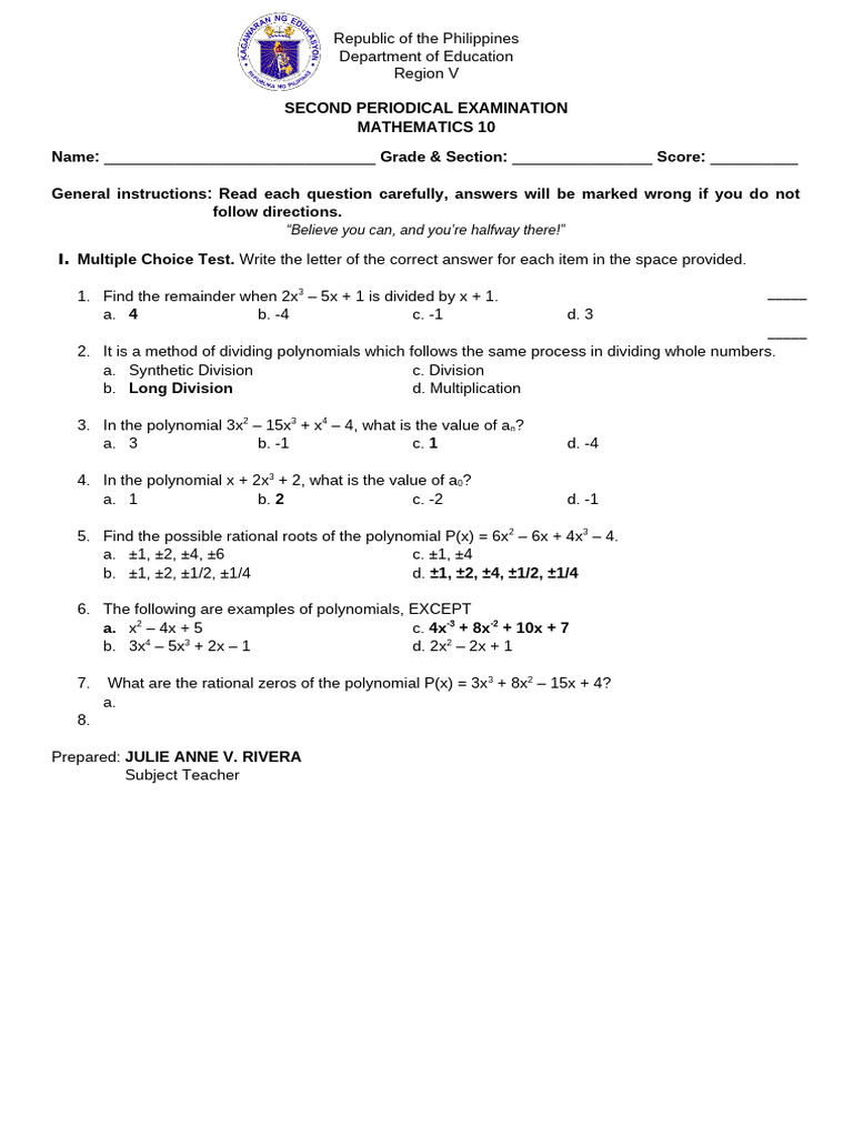 Mathematics 10 - 1st Periodical Exam.1 | PDF