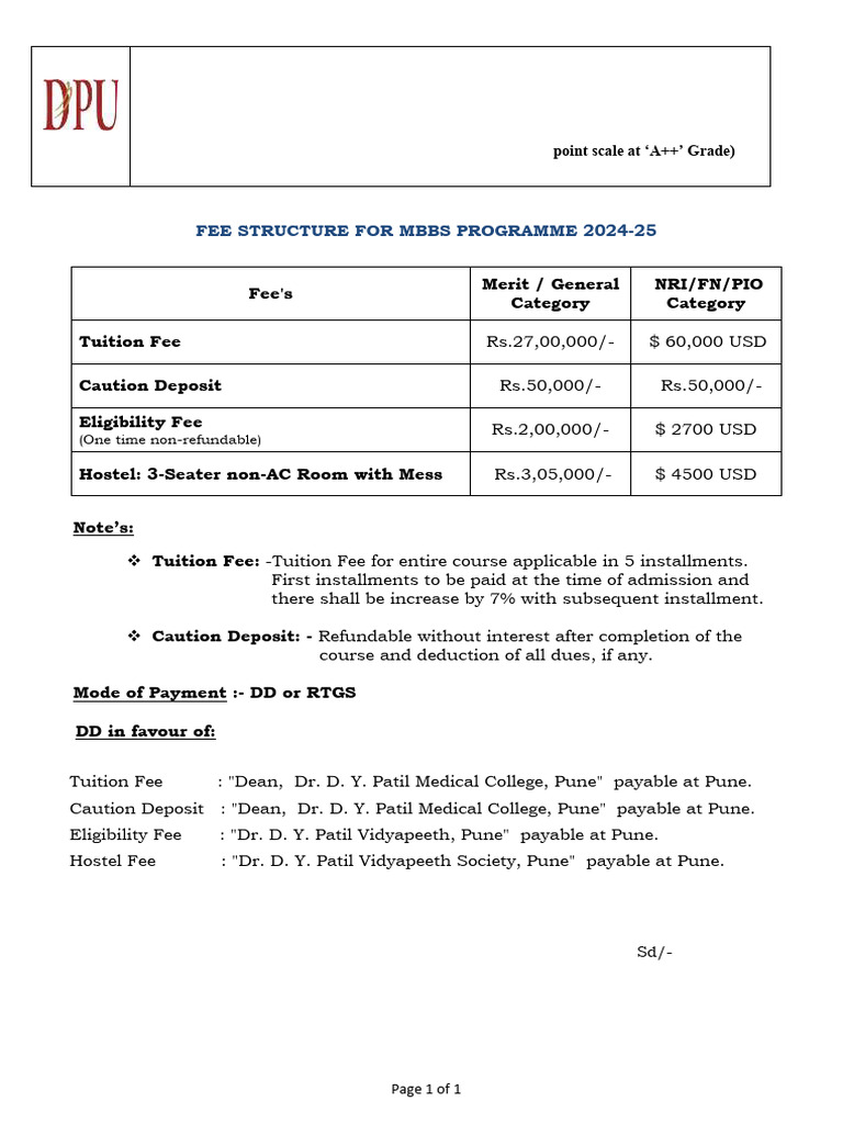 MBBS Fee Structure For Academic Year 2024 25 | PDF