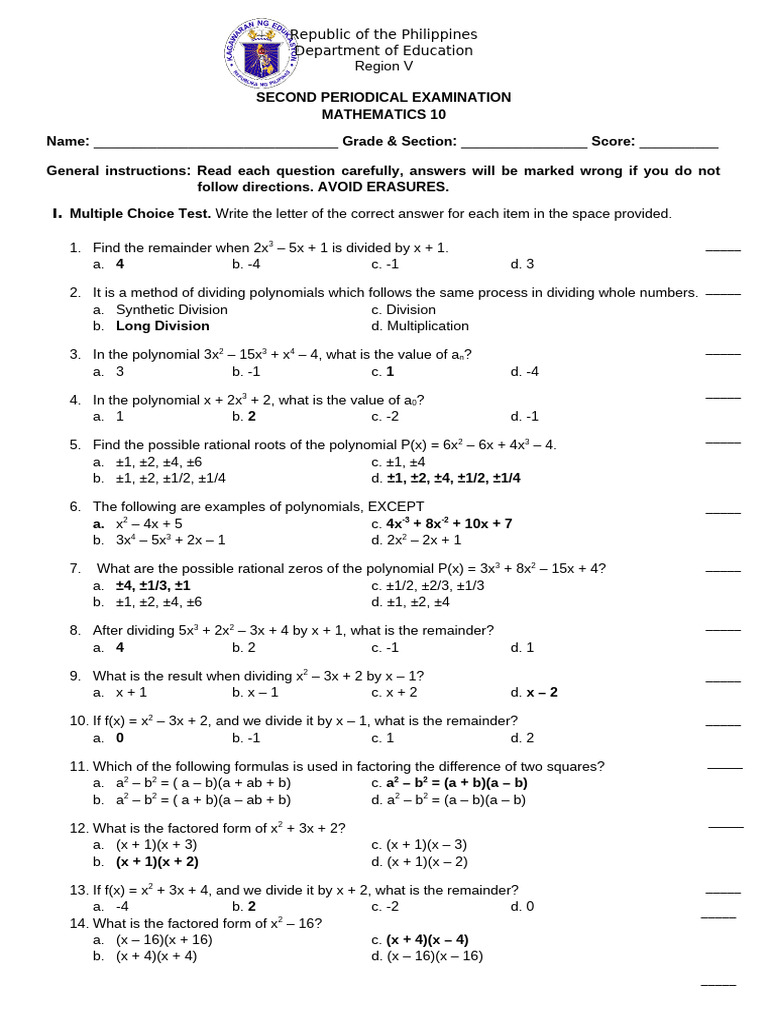 Mathematics 10 - 2nd Periodical Exam | PDF | Polynomial | Zero Of A ...