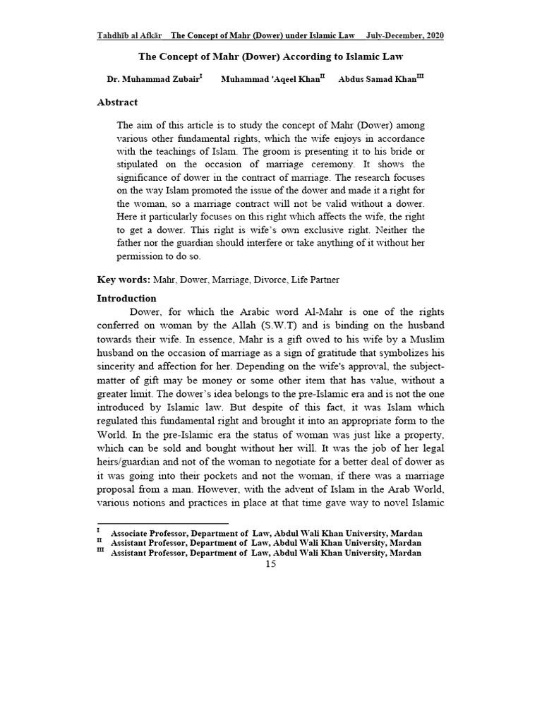 02 - 15-22 - The Concept of Mahr - Dower - According To Islamic Law | PDF | Marriage | Abrahamic ...