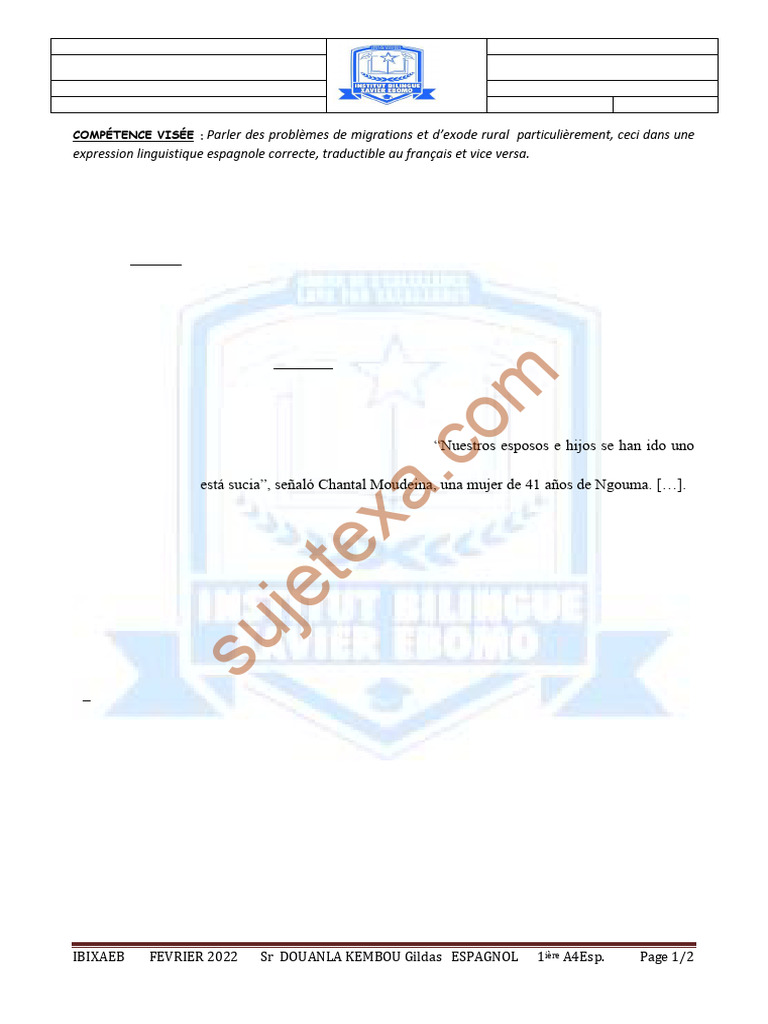 1erea4 Espagnole 4e Seq Int - Bil.xavier - Ebomo 2021!2022 | PDF | Ciencias de la Tierra ...