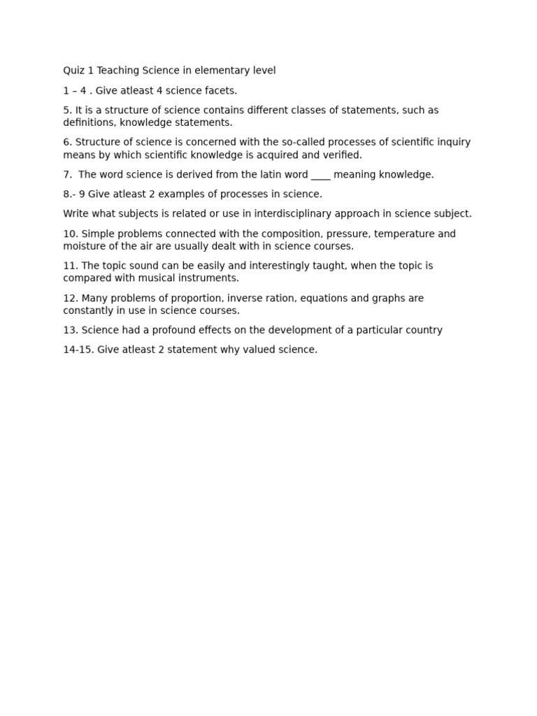 Quiz 1 Teaching Science in Elementary Level | PDF