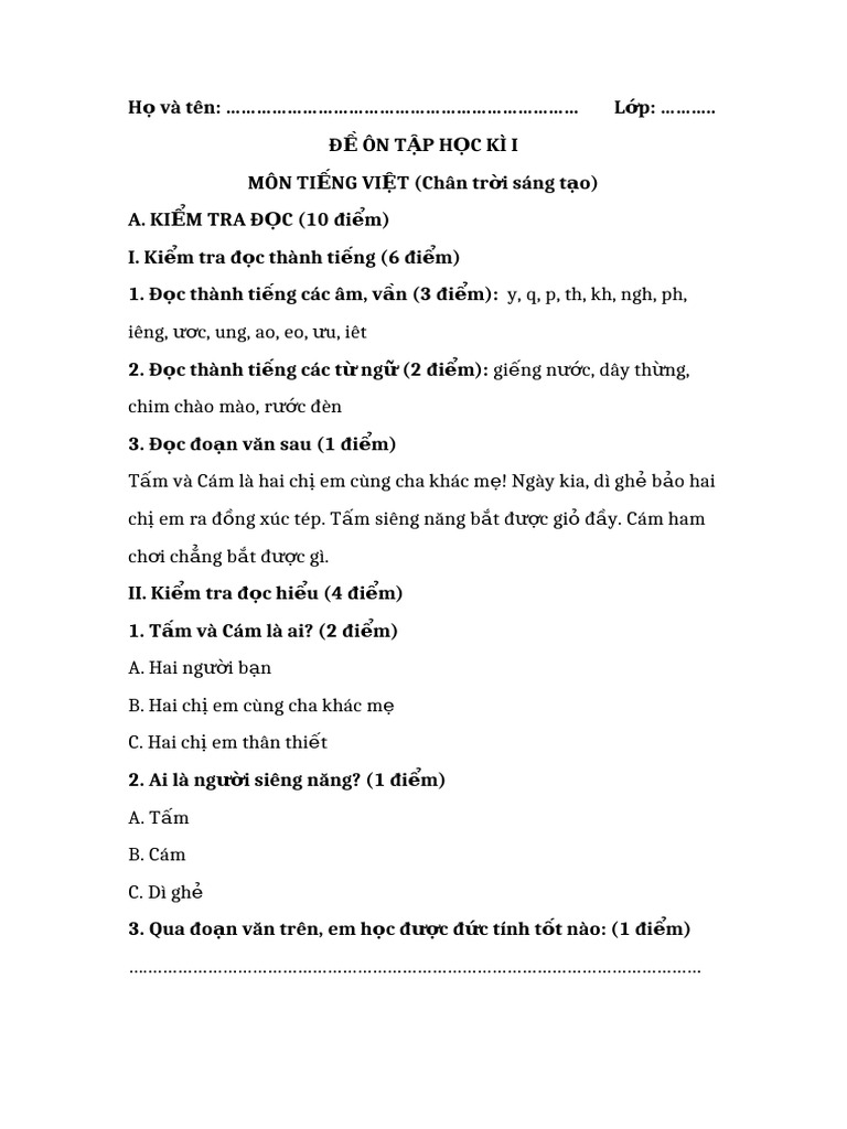 Đe On Tap hk1 TV Lop 1 CTST De1 | PDF