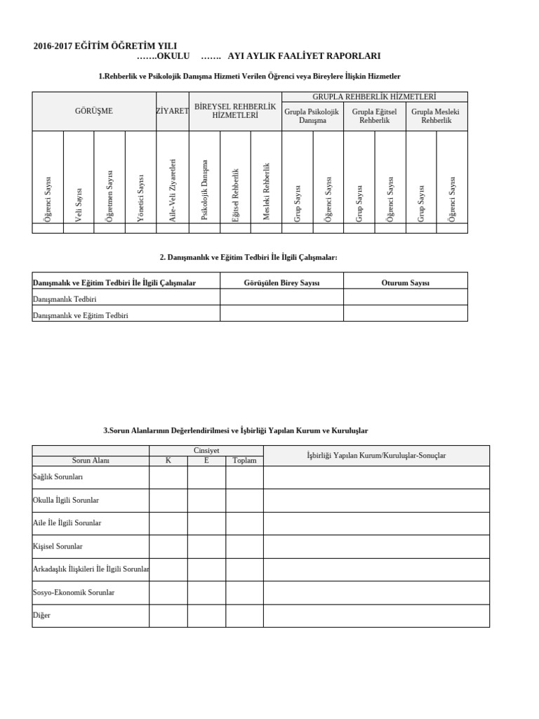 Rehberlik Hizmetleri Aylik Faaliyet Raporu Formu | PDF