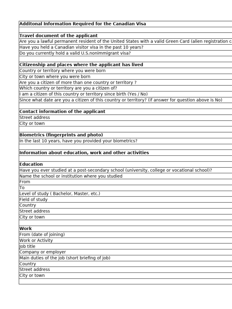 Additonal Information Required For The Canadian Visa | PDF