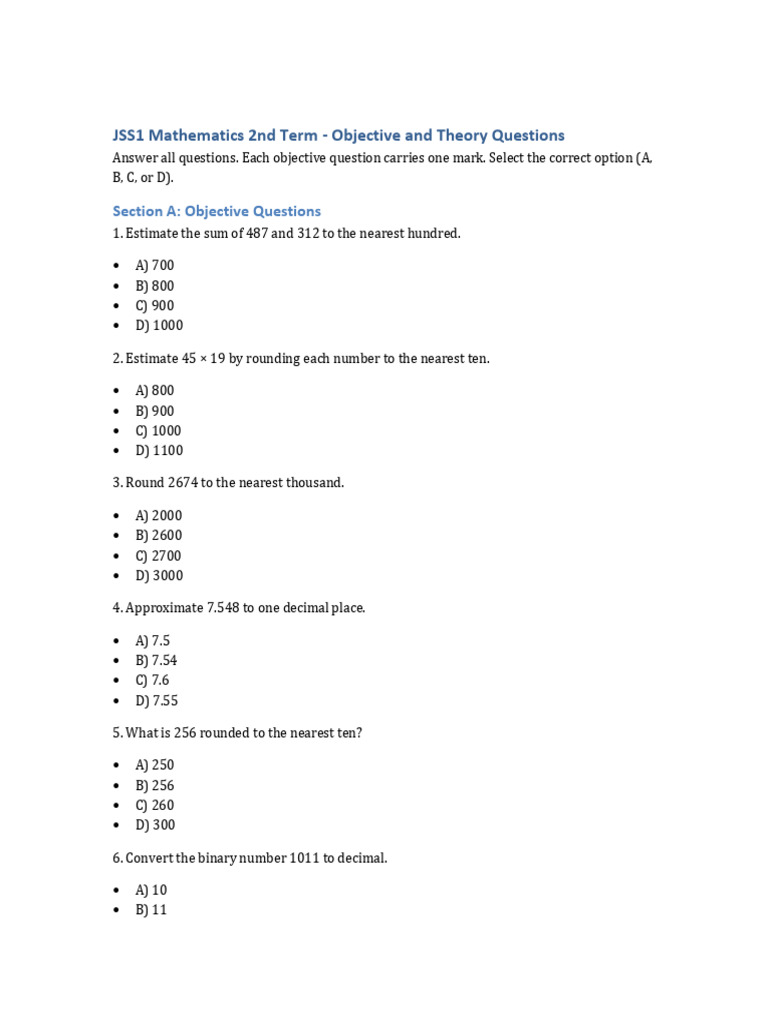 JSS1 Mathematics Complete Questions | PDF | Multiplication | Arithmetic