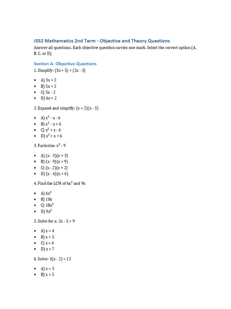 JSS2 Mathematics Complete Questions | PDF | Mathematics | Applied Mathematics
